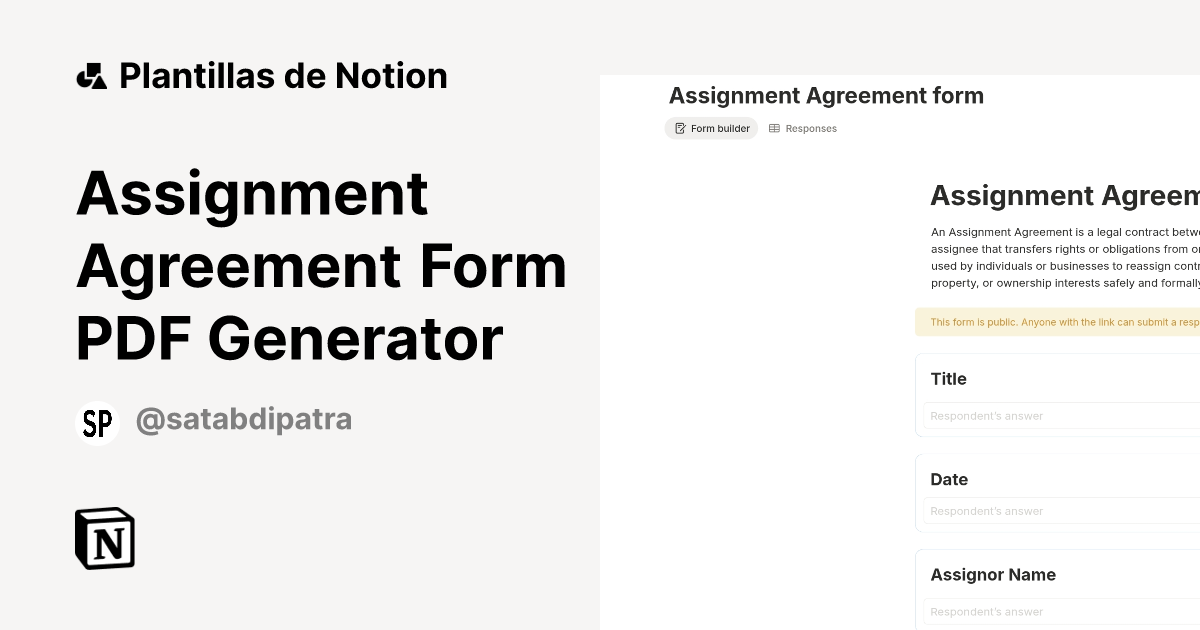 Plantilla Assignment Agreement Form PDF Generator de Satabdi Patra ...