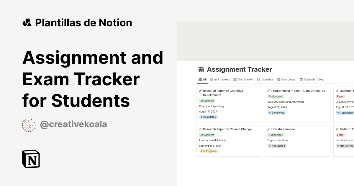 Plantilla Assignment and Exam Tracker for Students | Notion Marketplace