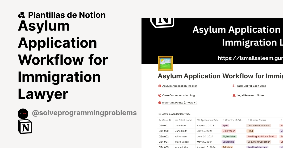 Plantilla Asylum Application Workflow for Immigration Lawyer | Notion ...