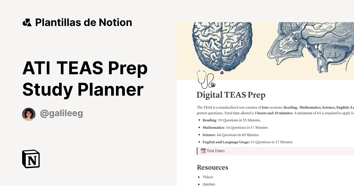 Plantilla ATI TEAS Prep Study Planner de Galilee | Notion Marketplace