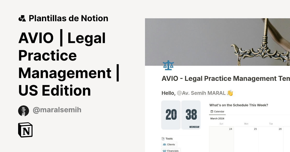 Plantilla AVIO | Legal Practice Management | US Edition de Semih MARAL | Notion Marketplace