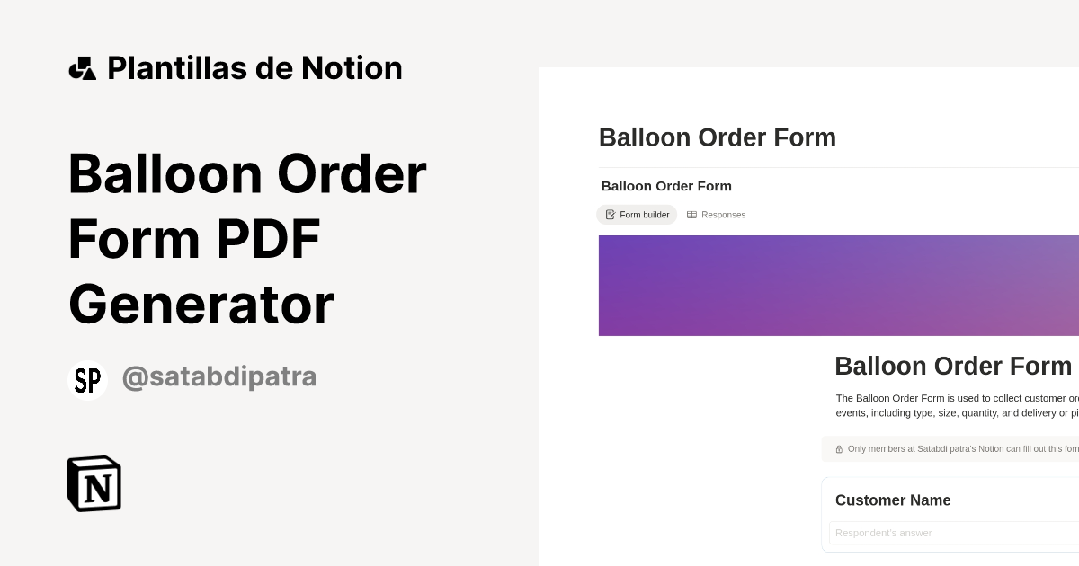 Plantilla Balloon Order Form PDF Generator de Satabdi Patra | Notion ...