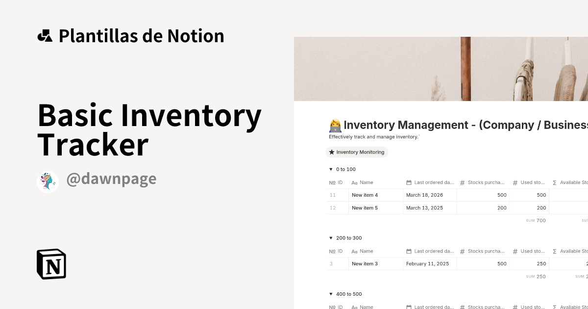 Plantilla Basic Inventory Tracker de Dawn’s Page | Notion Marketplace