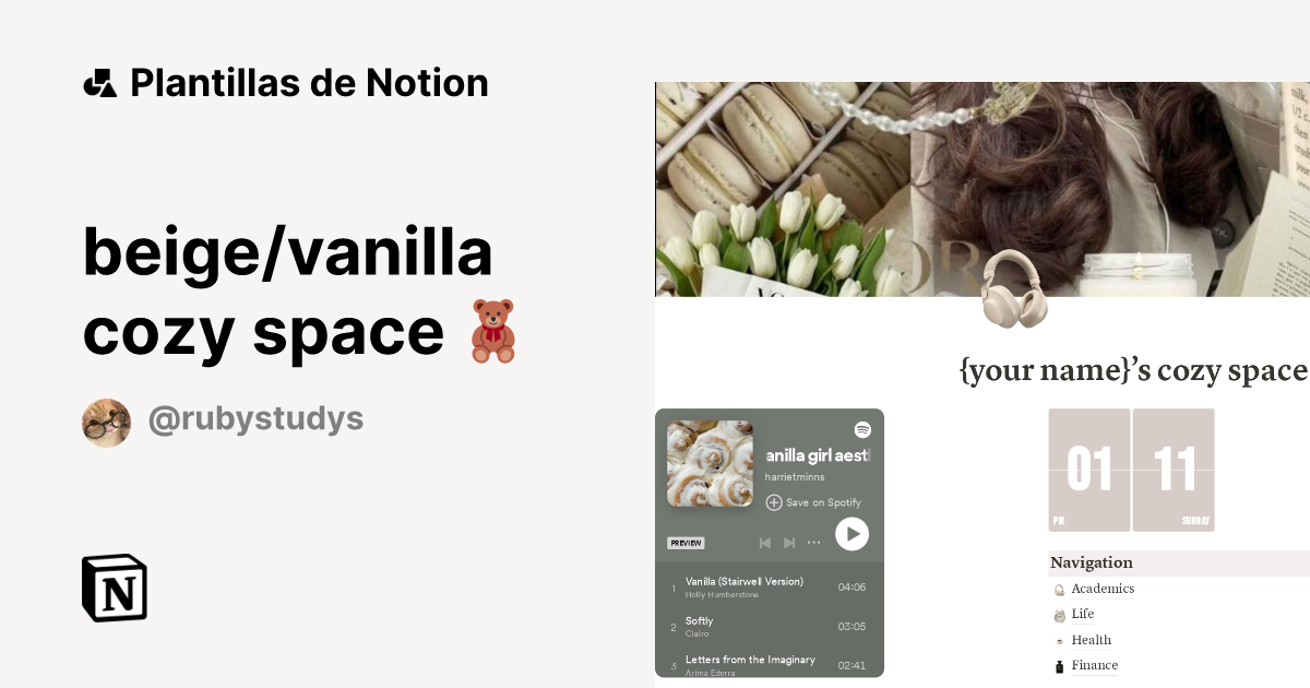 Plantilla beige/vanilla cozy space 🧸 de rubystudys | Notion Marketplace