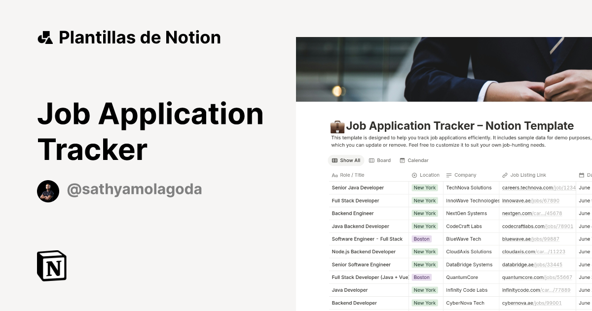 Plantilla Job Application Tracker de Sathya Molagoda | Notion Marketplace