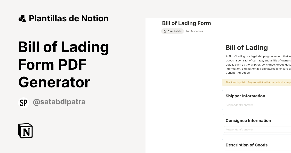 Plantilla Bill of Lading Form PDF Generator | Notion Marketplace