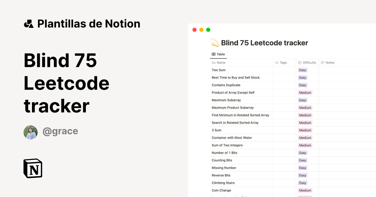 Plantilla Blind 75 Leetcode tracker de Grace | Notion Marketplace