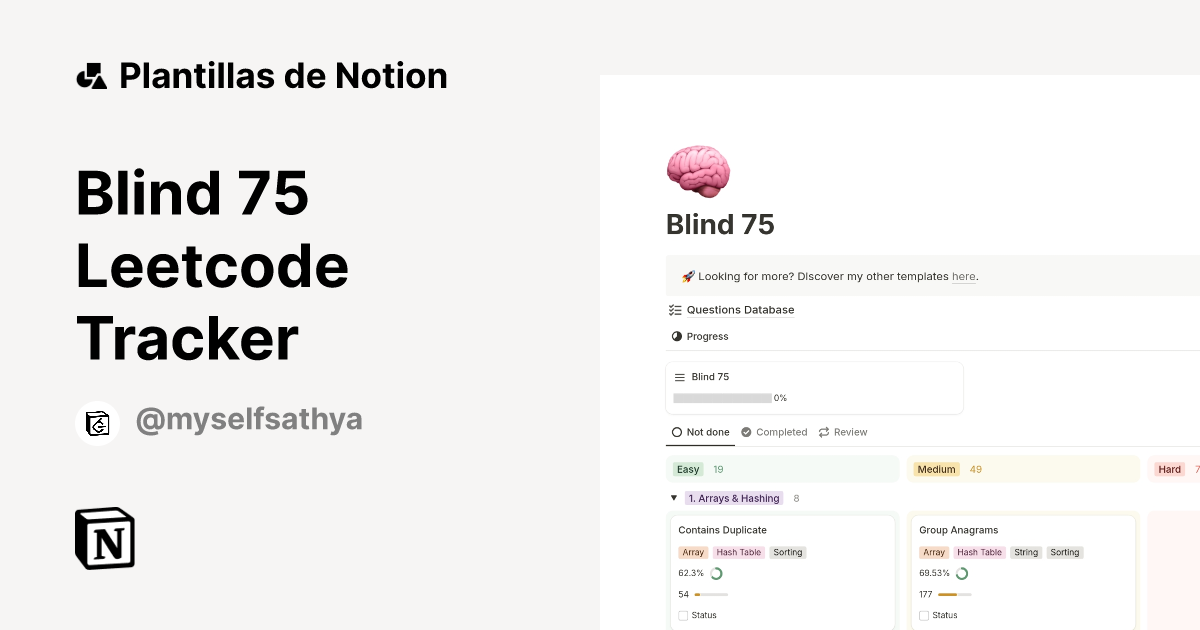 Plantilla Blind 75 Leetcode Tracker de Sathiya Sivaraj | Notion Marketplace