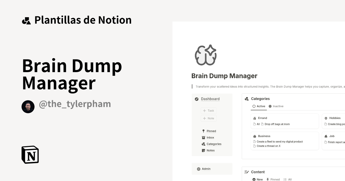 Plantilla Brain Dump Manager de Tyler Pham | Notion Marketplace