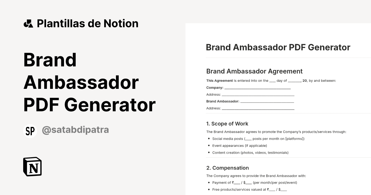 Plantilla Brand Ambassador PDF Generator | Notion Marketplace
