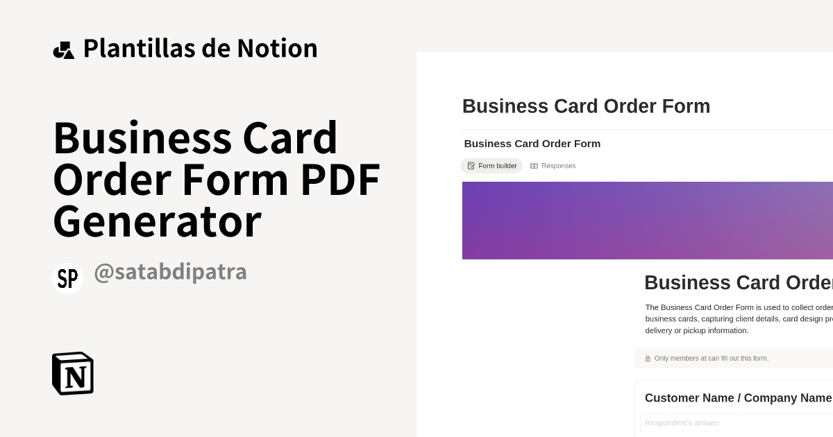 Plantilla Business Card Order Form PDF Generator de Satabdi Patra ...