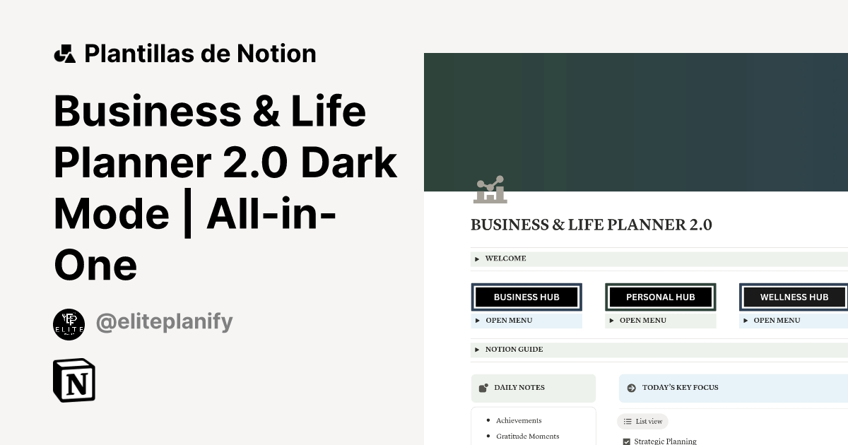 Plantilla Business & Life Planner 2.0 Dark Mode | All-in-One de Elite Planify | Notion Marketplace