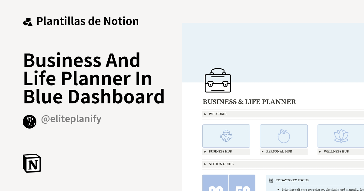 Plantilla Business And Life Planner In Blue Dashboard de Elite Planify | Notion Marketplace