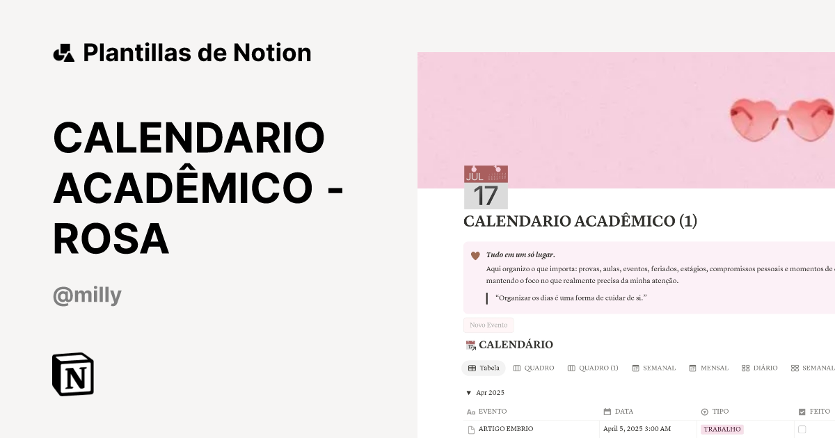 Plantilla CALENDARIO ACADÊMICO - ROSA | Notion Marketplace