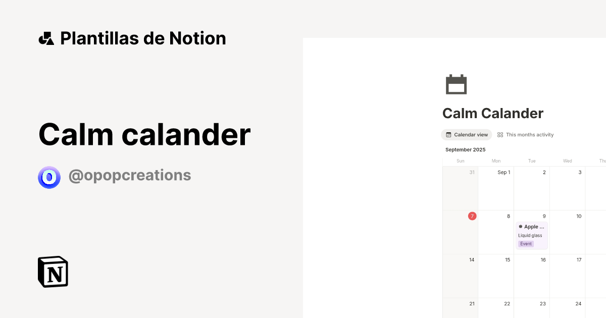Plantilla Calm calander de OPOPcreations | Notion Marketplace