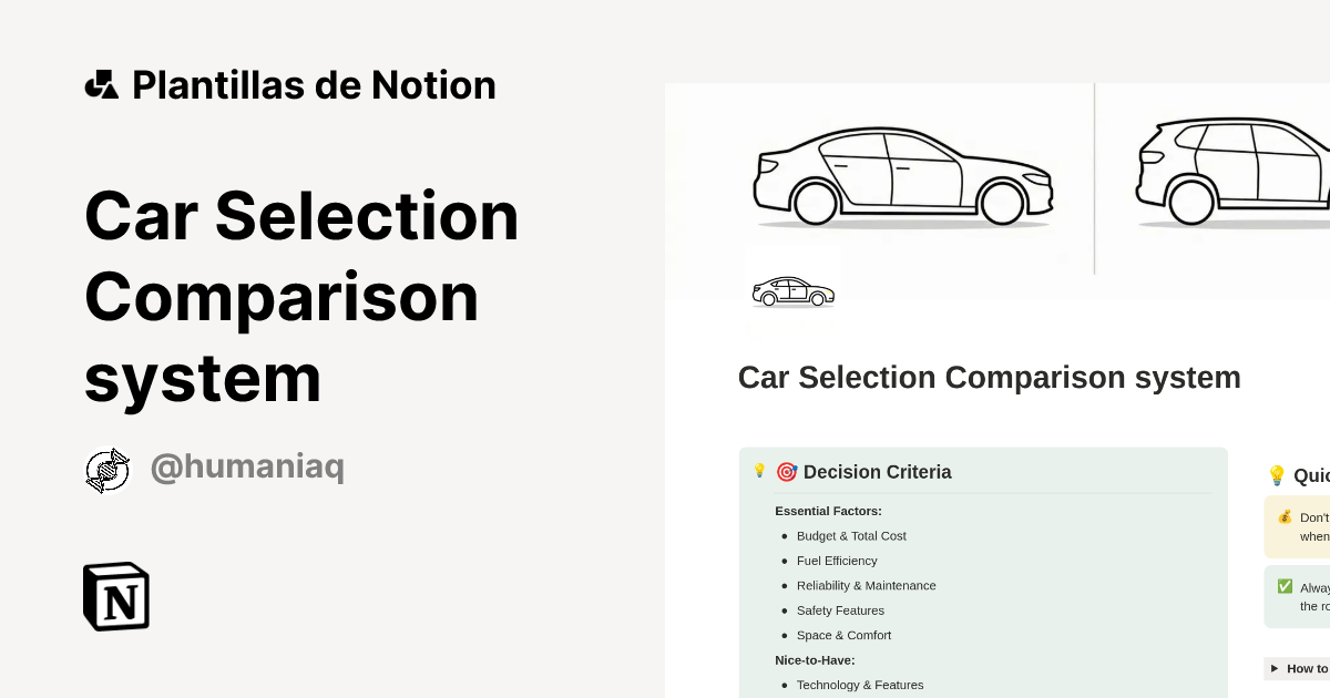 Plantilla Car Selection Comparison system | Notion Marketplace