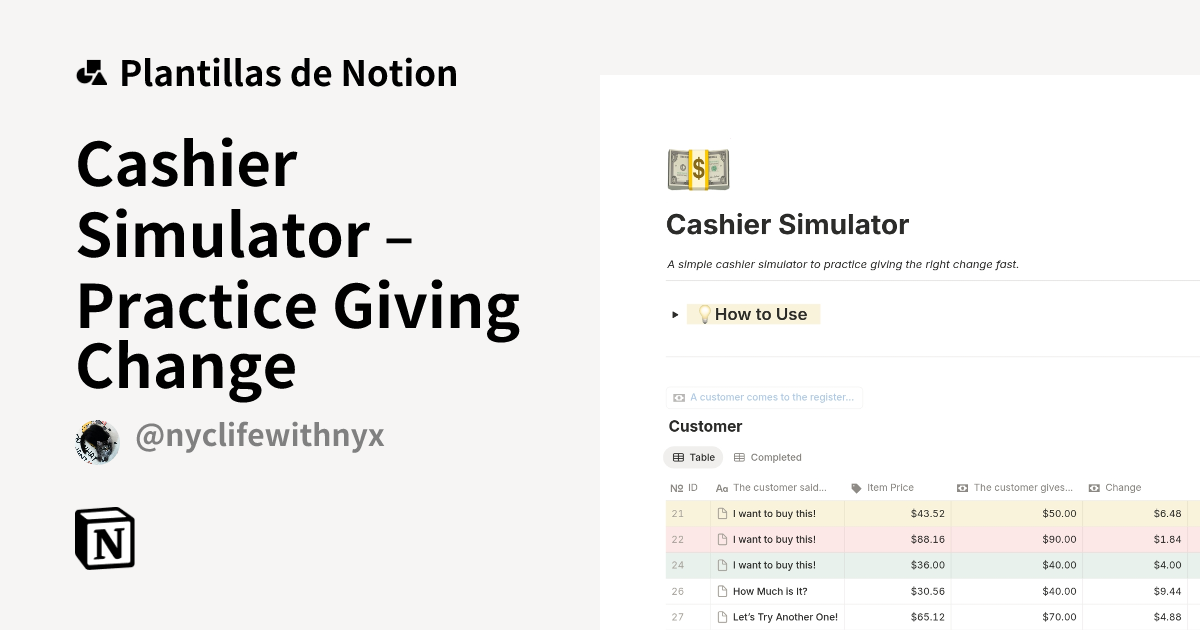 Plantilla Cashier Simulator – Practice Giving Change | Notion Marketplace
