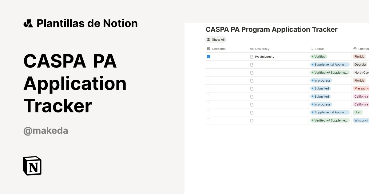 Plantilla CASPA PA Application Tracker de makeda | Notion Marketplace