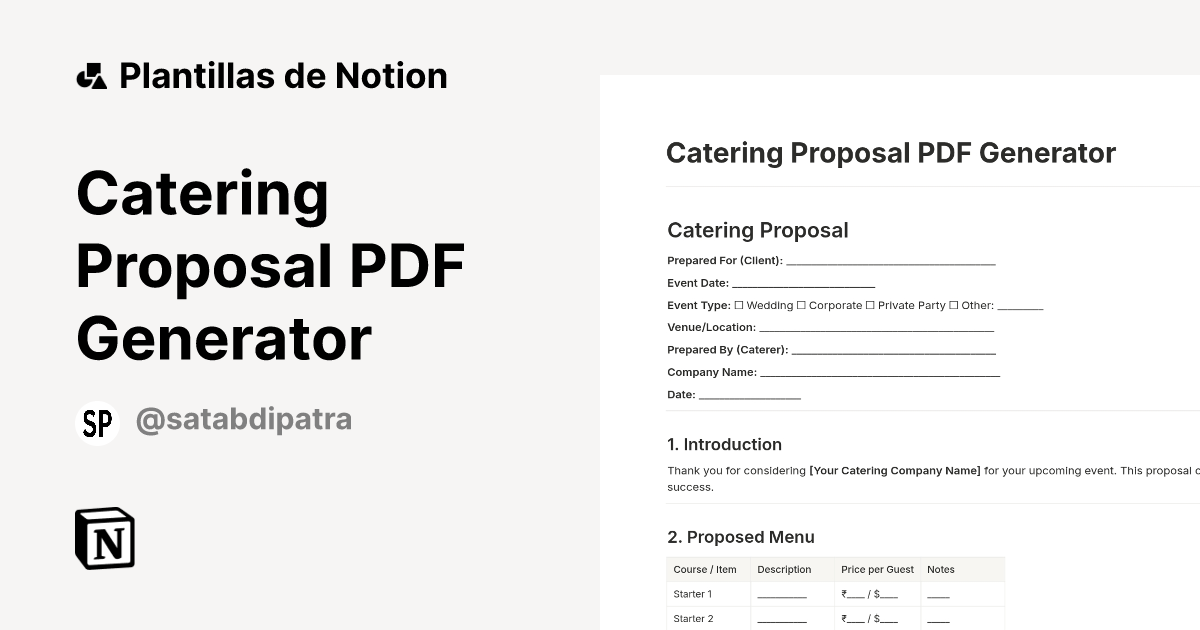 Plantilla Catering Proposal PDF Generator | Notion Marketplace