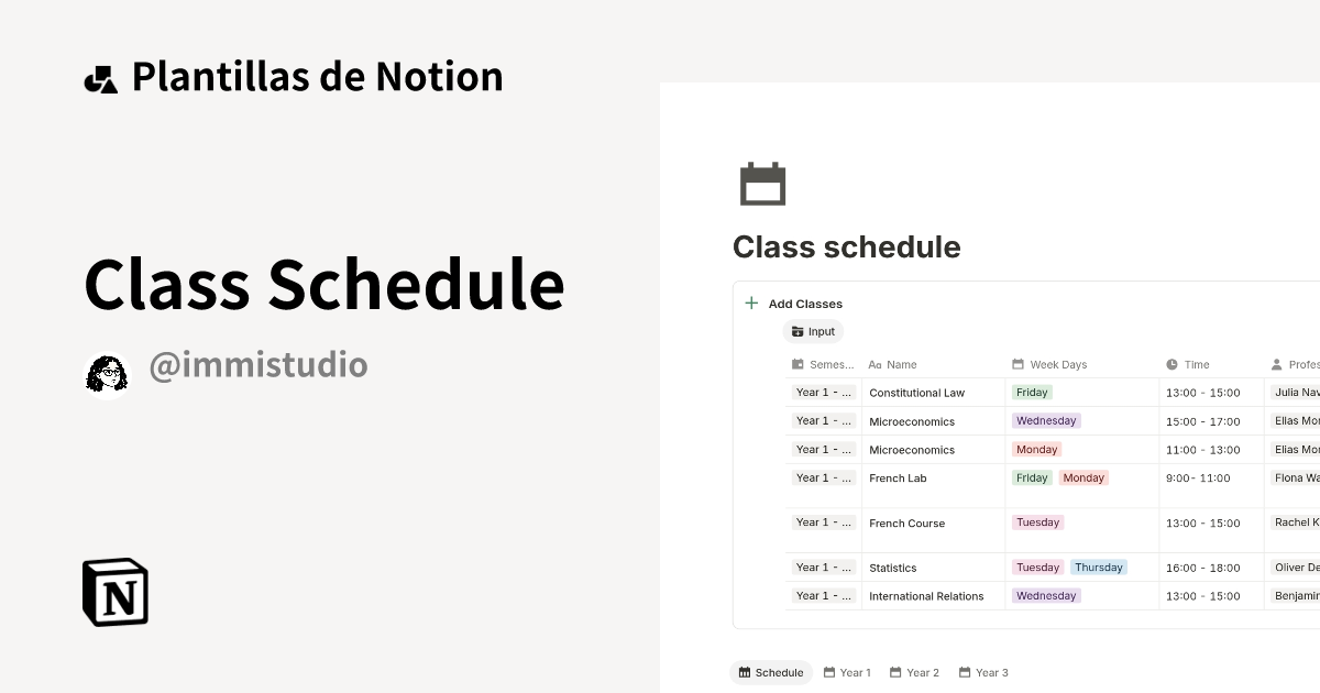 Plantilla Class Schedule | Notion Marketplace