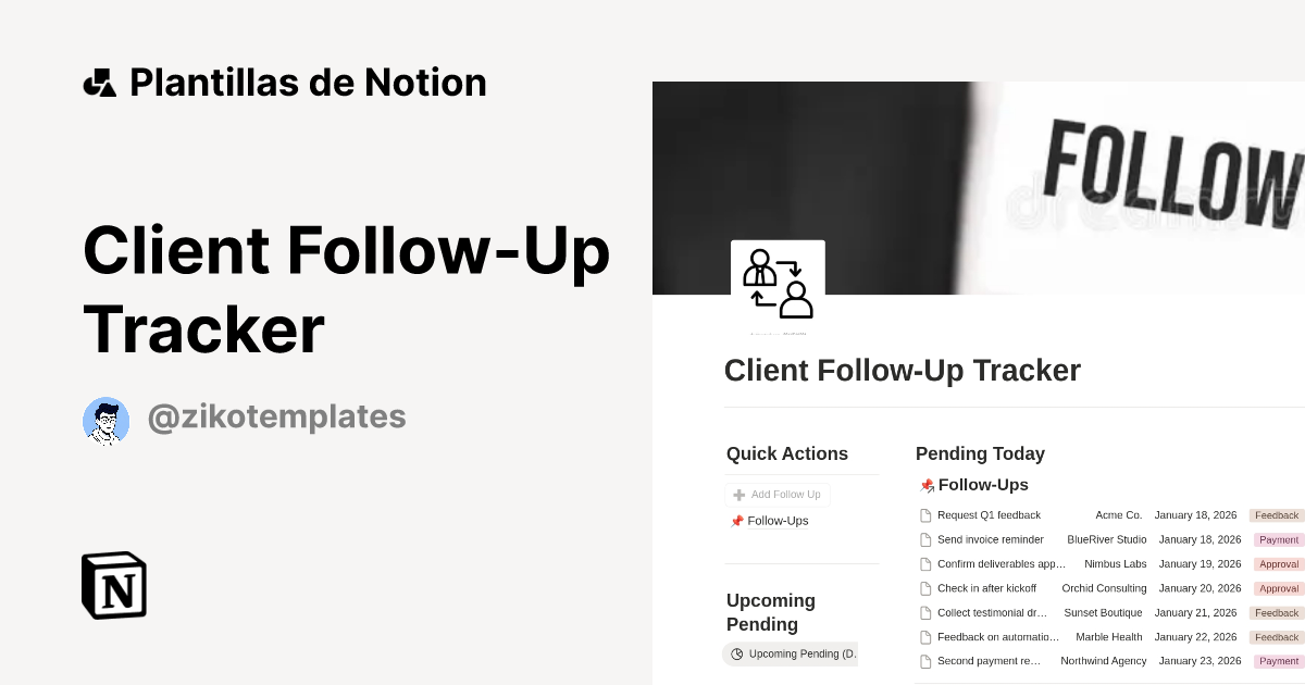 Plantilla Client Follow-Up Tracker de ZikoTemplates | Notion Marketplace