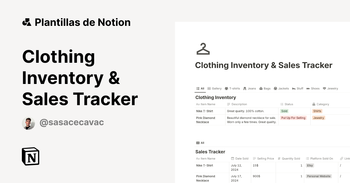 Plantilla Clothing Inventory & Sales Tracker | Notion Marketplace