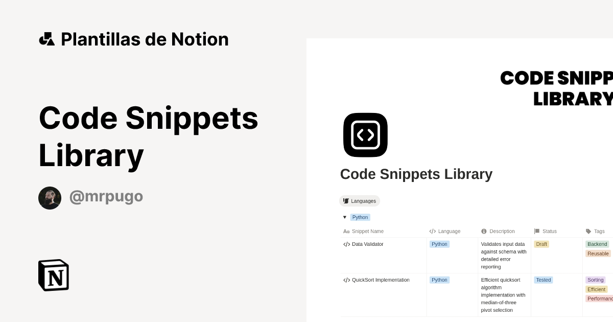 Plantilla Code Snippets Library | Notion Marketplace