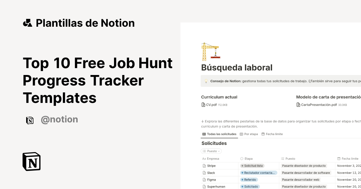 Top 10 Free Job Hunt Progress Tracker Templates | Plantillas de Notion ...