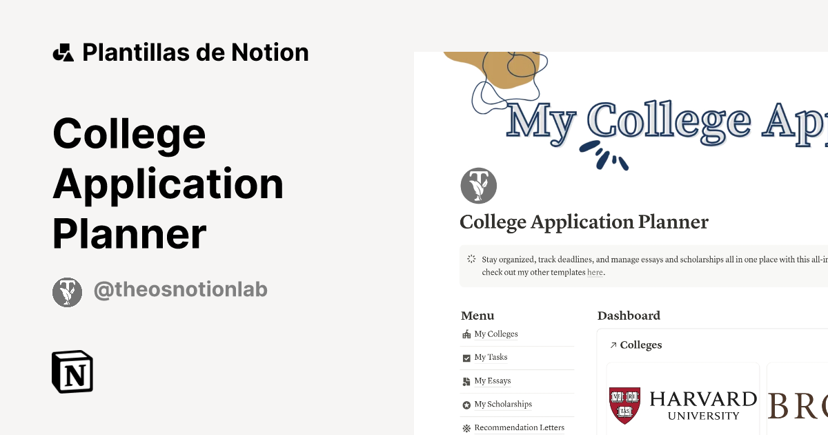 Plantilla College Application Planner de Theo's Notion Lab | Notion ...