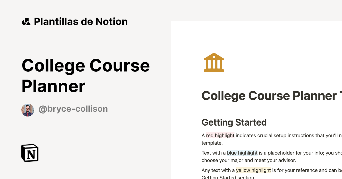 Plantilla College Course Planner de Bryce Collison | Notion Marketplace