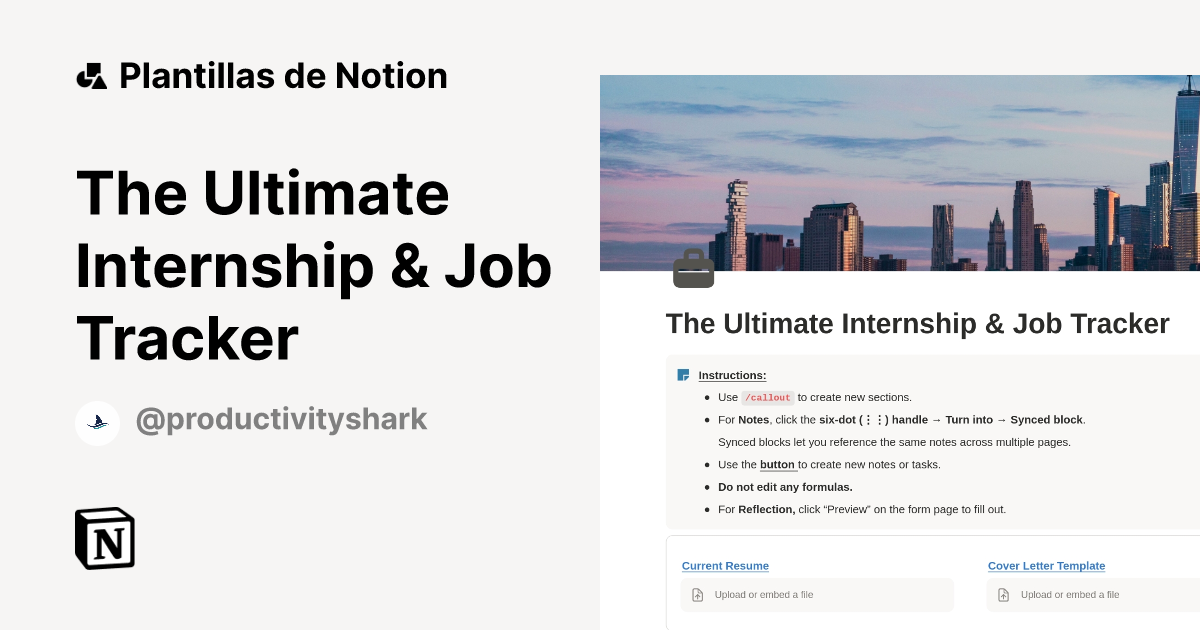 Plantilla The Ultimate Internship & Job Tracker de Productivity Shark | Notion Marketplace