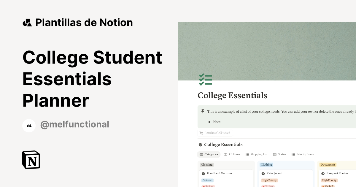 Plantilla College Student Essentials Planner | Notion Marketplace