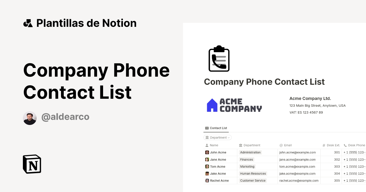 Plantilla Company Phone Contact List | Notion Marketplace