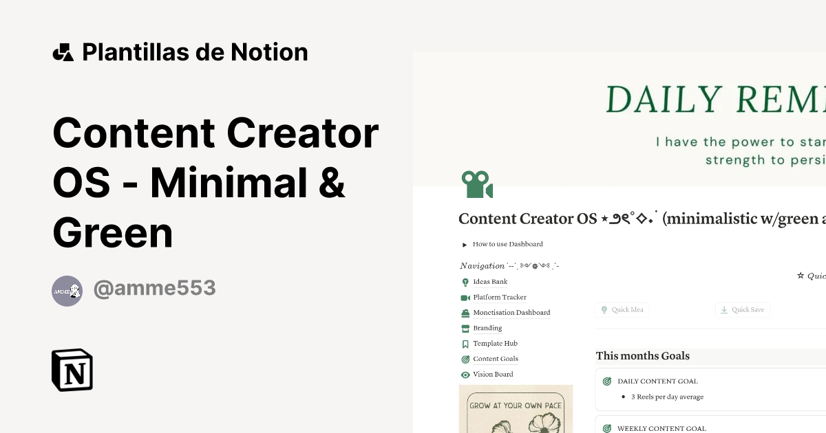 Plantilla Content Creator OS - Minimal & Green de Amme | Notion Marketplace