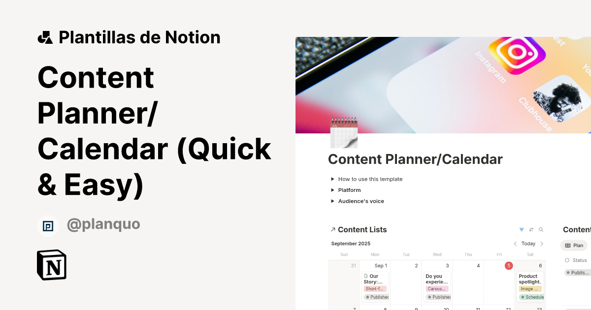 Plantilla Content Planner/Calendar (Quick & Easy) | Notion Marketplace
