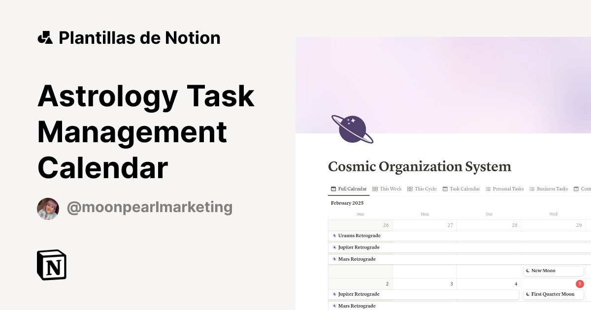 Plantilla Astrology Task Management Calendar | Notion Marketplace