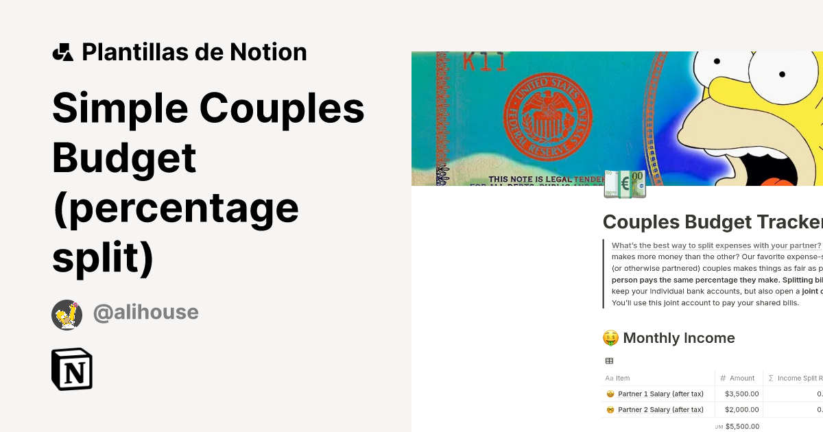 Plantilla Simple Couples Budget (percentage split) | Notion Marketplace