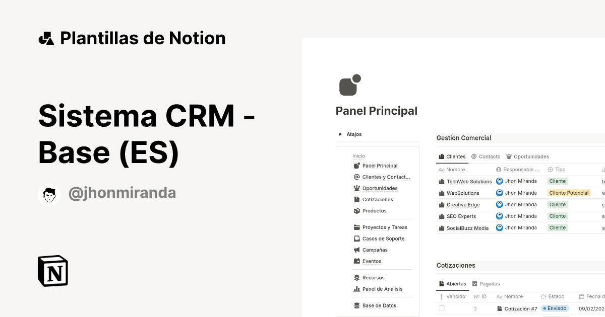 Plantilla Sistema CRM - Base (ES) de Jhon Miranda | Notion Marketplace