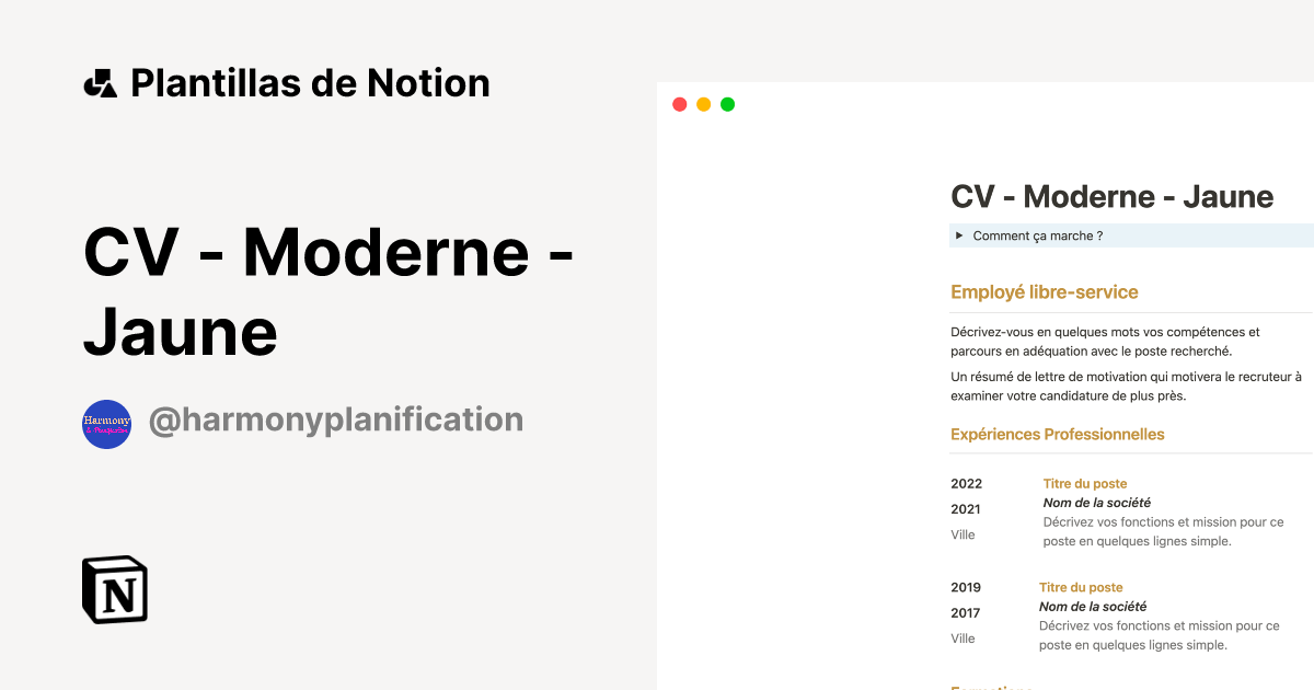 Plantilla CV - Moderne - Jaune de Harmony & Planification | Notion Marketplace
