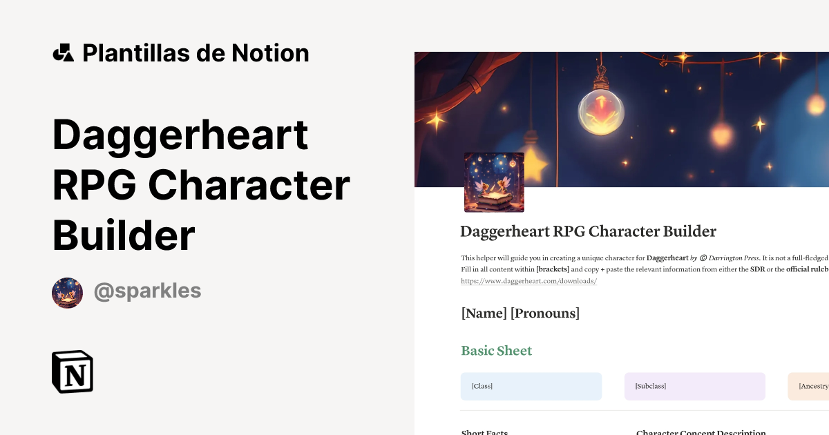 Plantilla Daggerheart RPG Character Builder de Sparkles | Notion ...