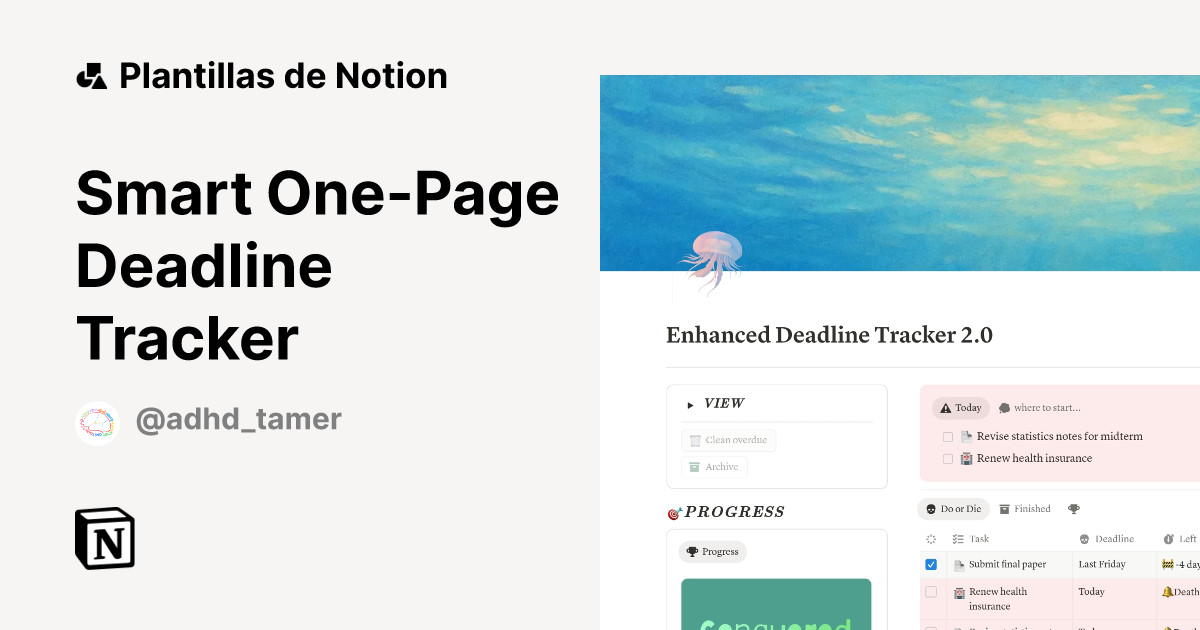 Plantilla Smart One-Page Deadline Tracker de Lumos | Notion Marketplace