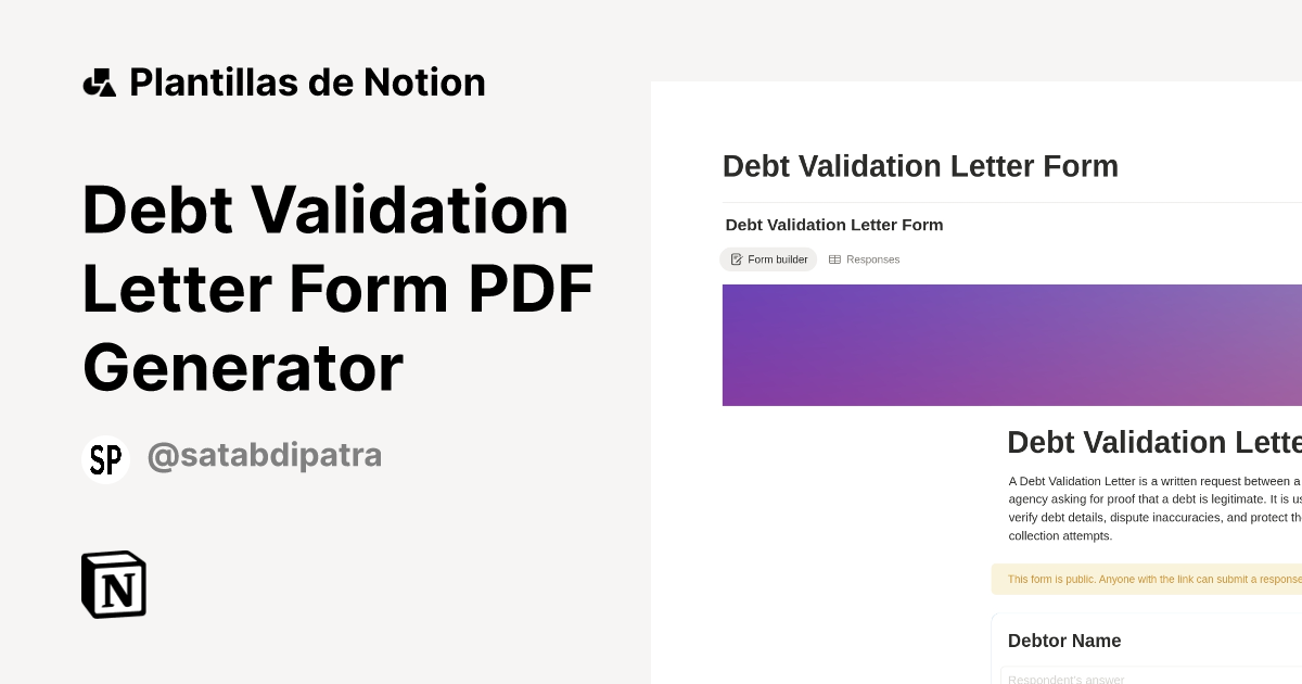 Plantilla Debt Validation Letter Form PDF Generator | Notion Marketplace