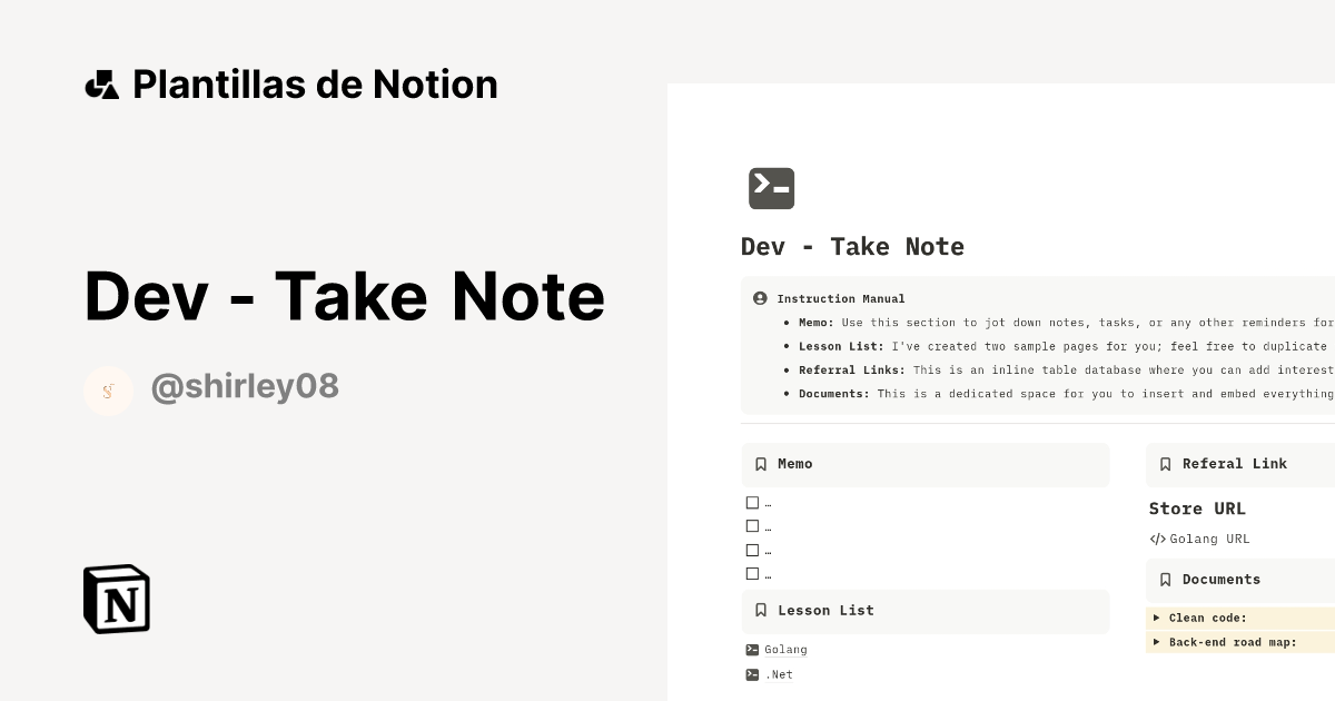 Plantilla Dev - Take Note | Notion Marketplace