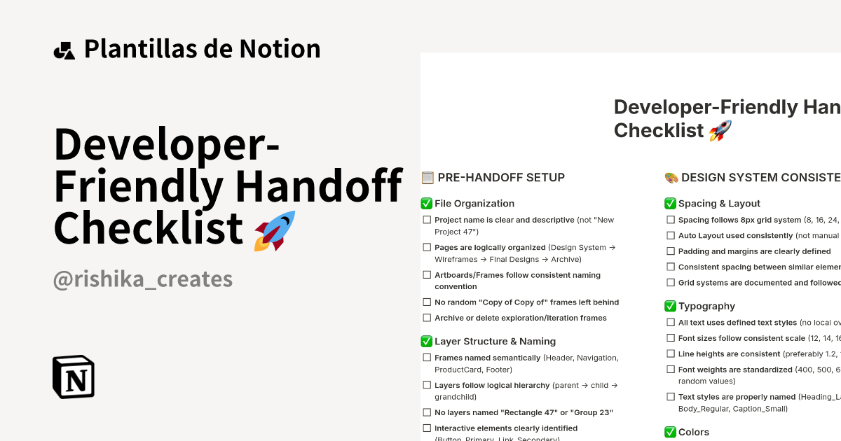 Plantilla Developer-Friendly Handoff Checklist 🚀 | Notion Marketplace