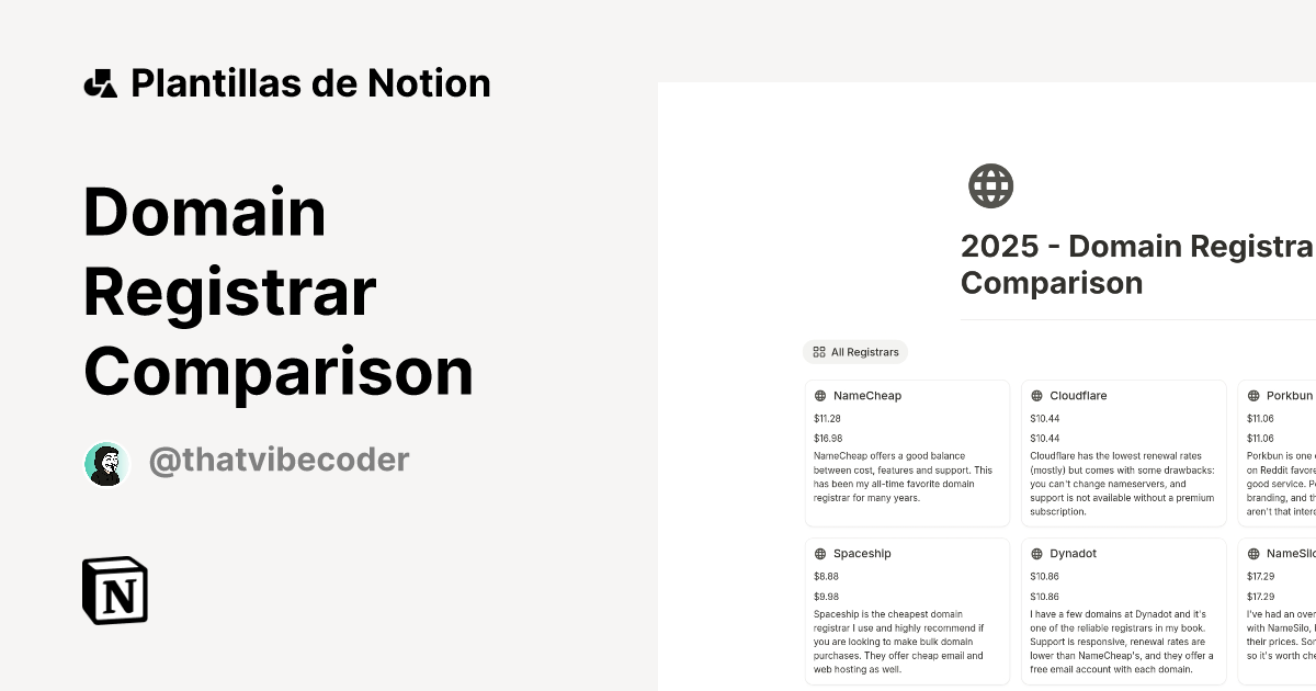 Plantilla Domain Registrar Comparison de That Vibe Coder | Notion Marketplace