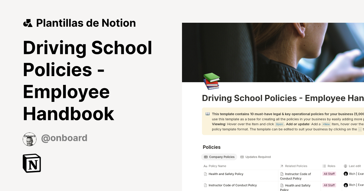 Plantilla Driving School Policies - Employee Handbook de Onboarding ...