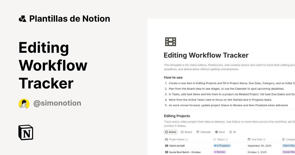 Plantilla Editing Workflow Tracker | Notion Marketplace