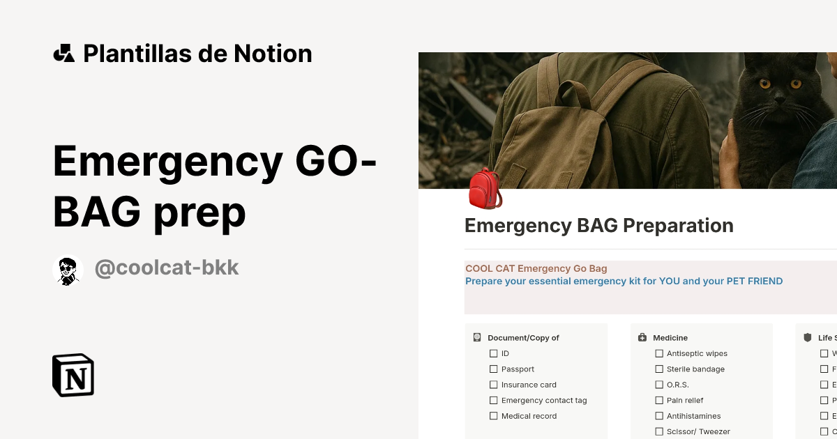Plantilla Emergency GO-BAG prep de COOLCAT | Notion Marketplace