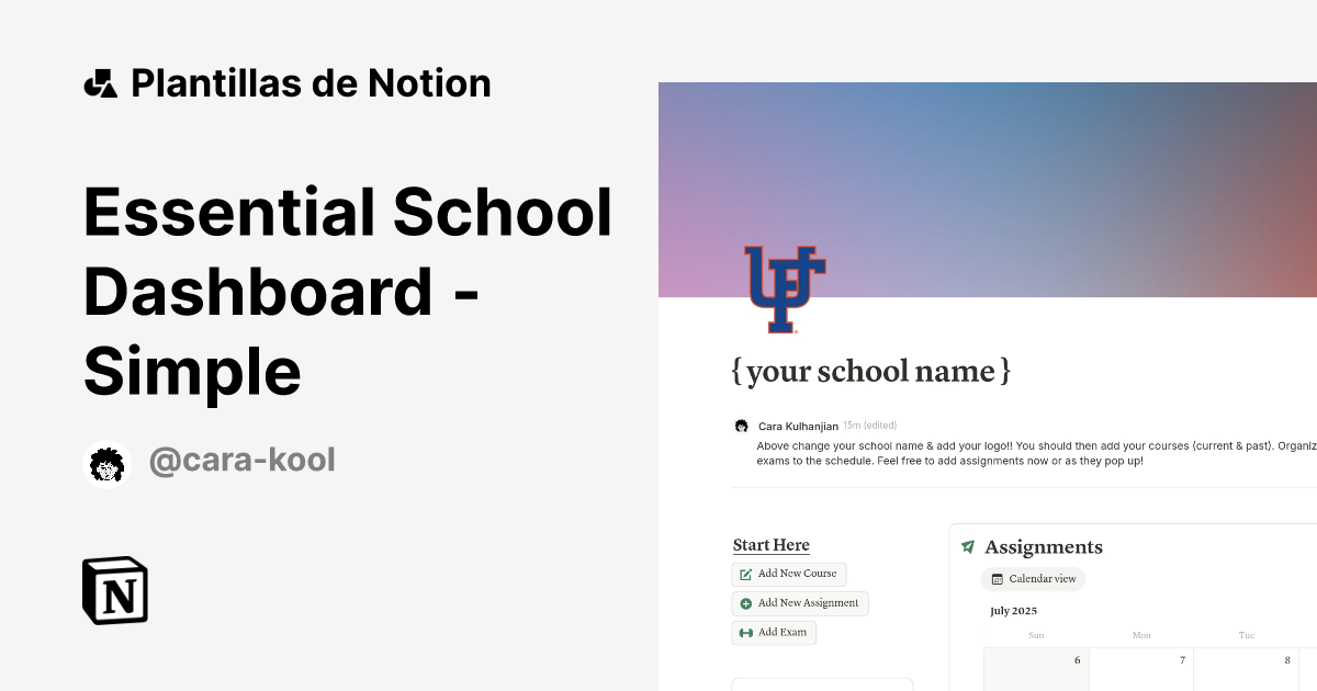 Plantilla Essential School Dashboard - Simple | Notion Marketplace