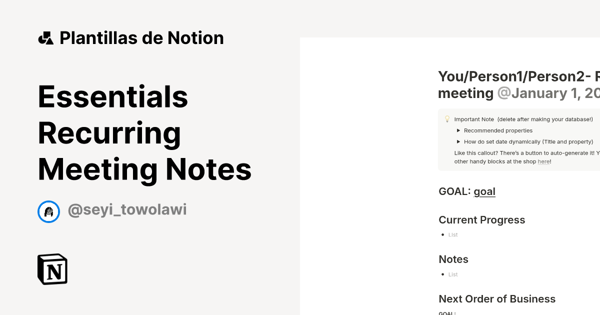 Plantilla Essentials Recurring Meeting Notes de Seyi Towolawi | Notion ...